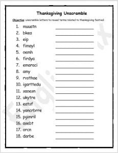 Thanksgiving Words Unscramble Worksheet - EnglishBix