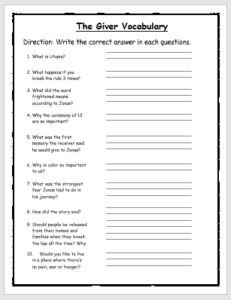 The Giver Vocabulary Worksheet - EnglishBix