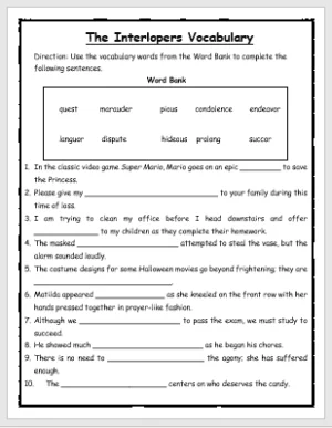 The Interlopers Vocabulary Worksheet - EnglishBix