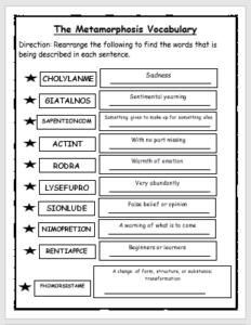 The Metamorphosis Vocabulary Worksheet - EnglishBix