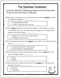 The Necklace Vocabulary Worksheet - EnglishBix
