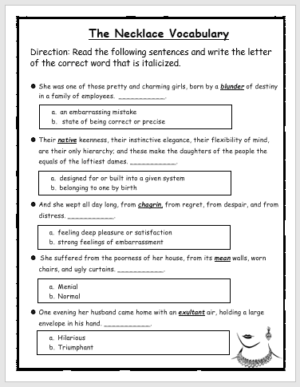 The Necklace Vocabulary Worksheet - EnglishBix
