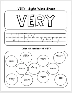 Very Sight Word Printable Worksheet - EnglishBix