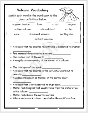 Volcano Vocabulary Worksheet - EnglishBix