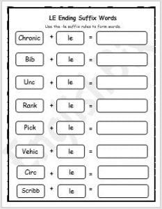 Words Ending in Suffix LE Worksheet - EnglishBix