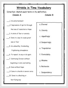 Wrinkle in Time Vocabulary Worksheet - EnglishBix